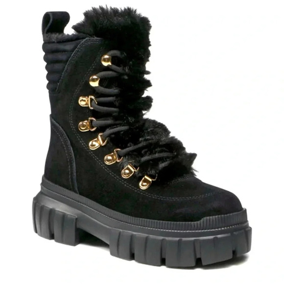 Dkny | Shoes | Dkny Black Suede Faux Fur Ciara Combat Ankle Boot Lug ...